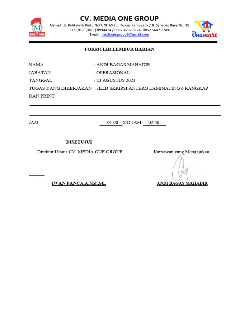 Formulir Lembur Karyawan 23-08-23 | PDF