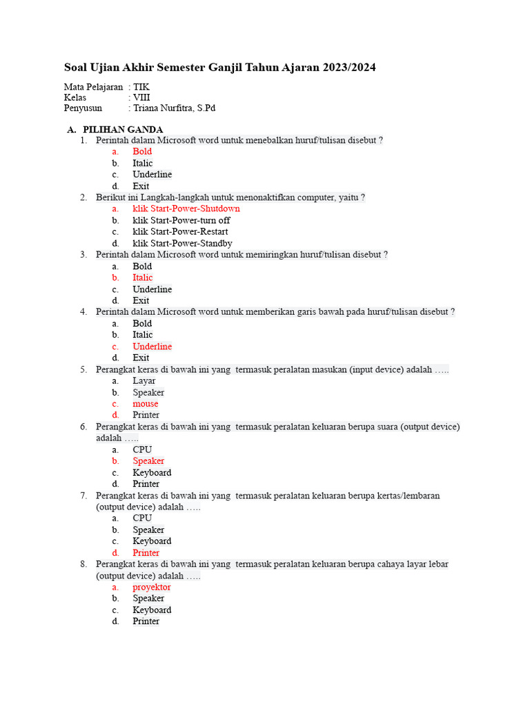 Soal TIK Kls 8 | PDF | Game & Aktivitas | Seni