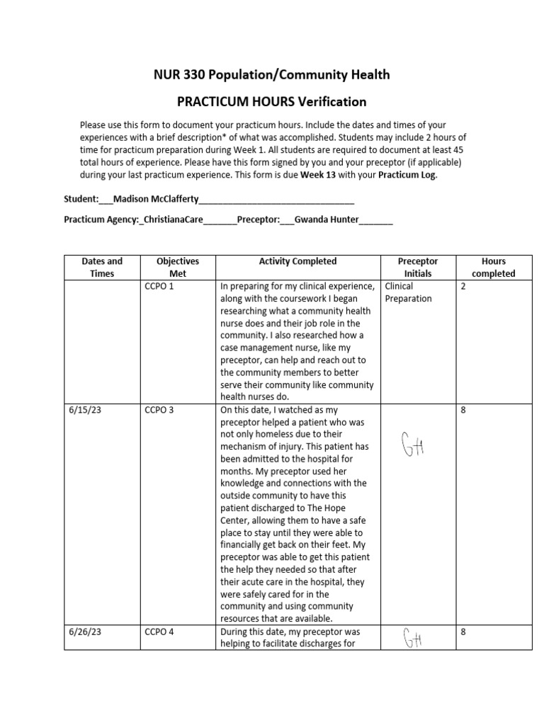 Nur 330 Practicum Hours Verification | PDF | Patient | Nursing