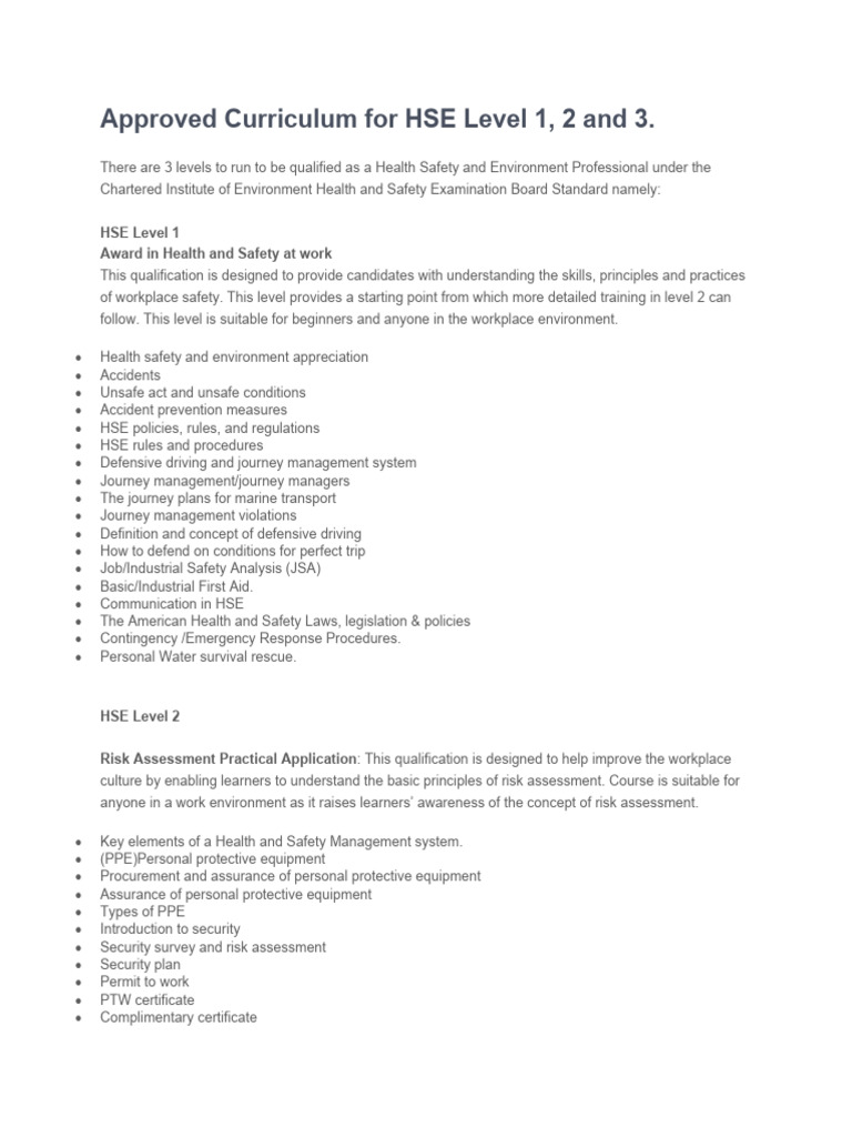 Approved Curriculum For HSE Level 1 | PDF | Occupational Safety And ...