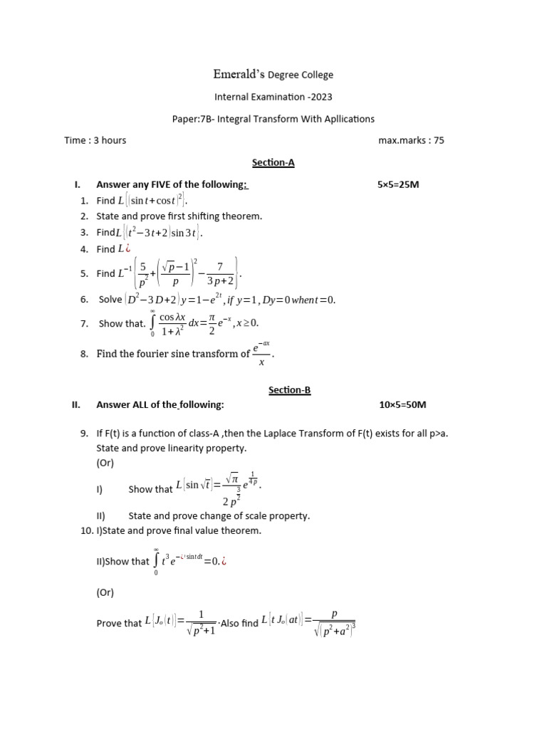 Integral Transforms With Applications Question Paper | PDF | Convolution | Laplace Transform