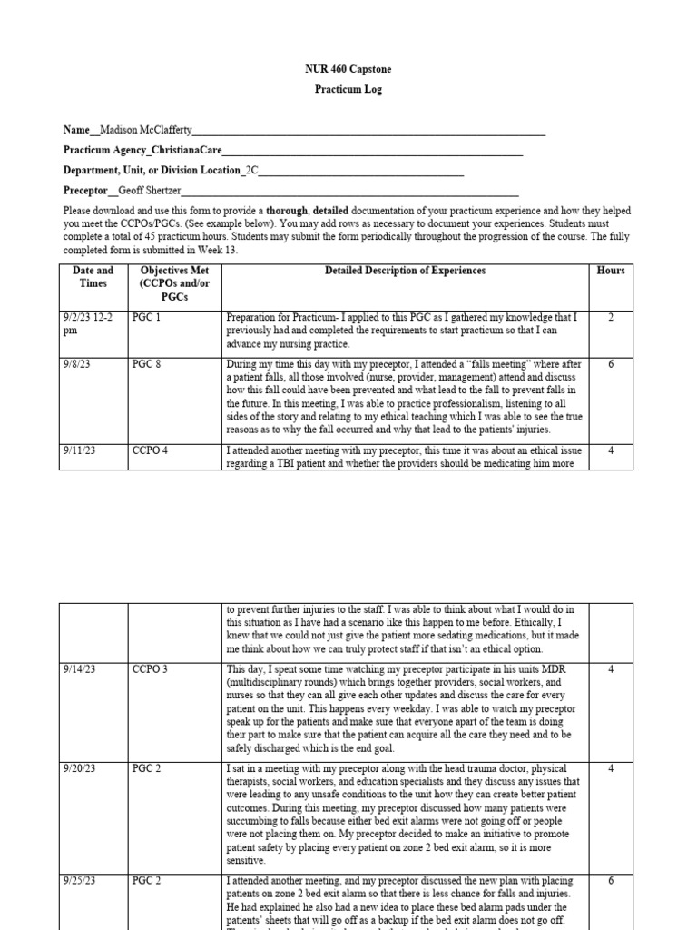 Mcclafferty Nur 460 Capstone Practicum Log | PDF | Nursing | Patient