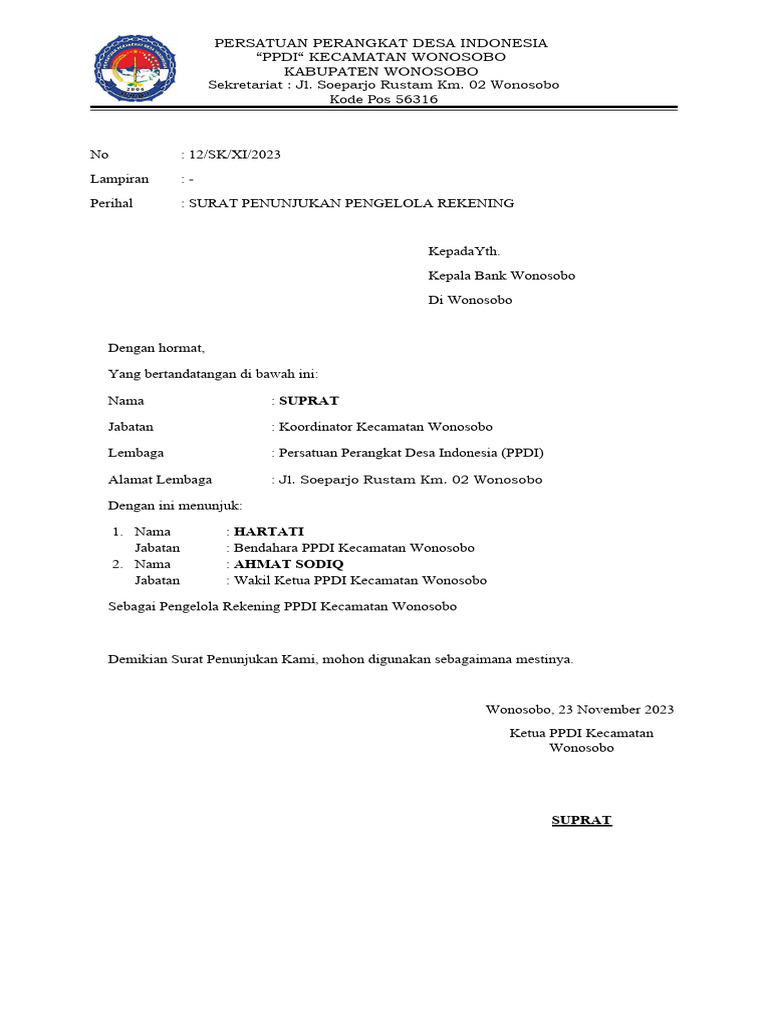 Contoh Surat Penunjukan Pengelola Rek | PDF