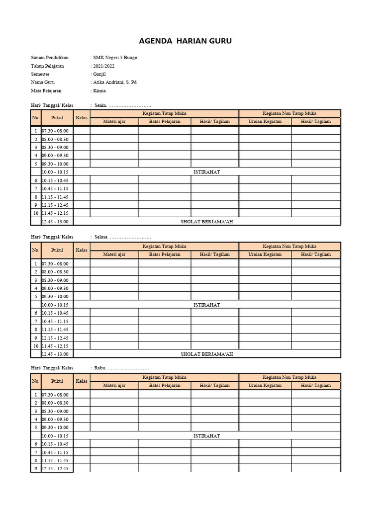Agenda Harian Guru | PDF