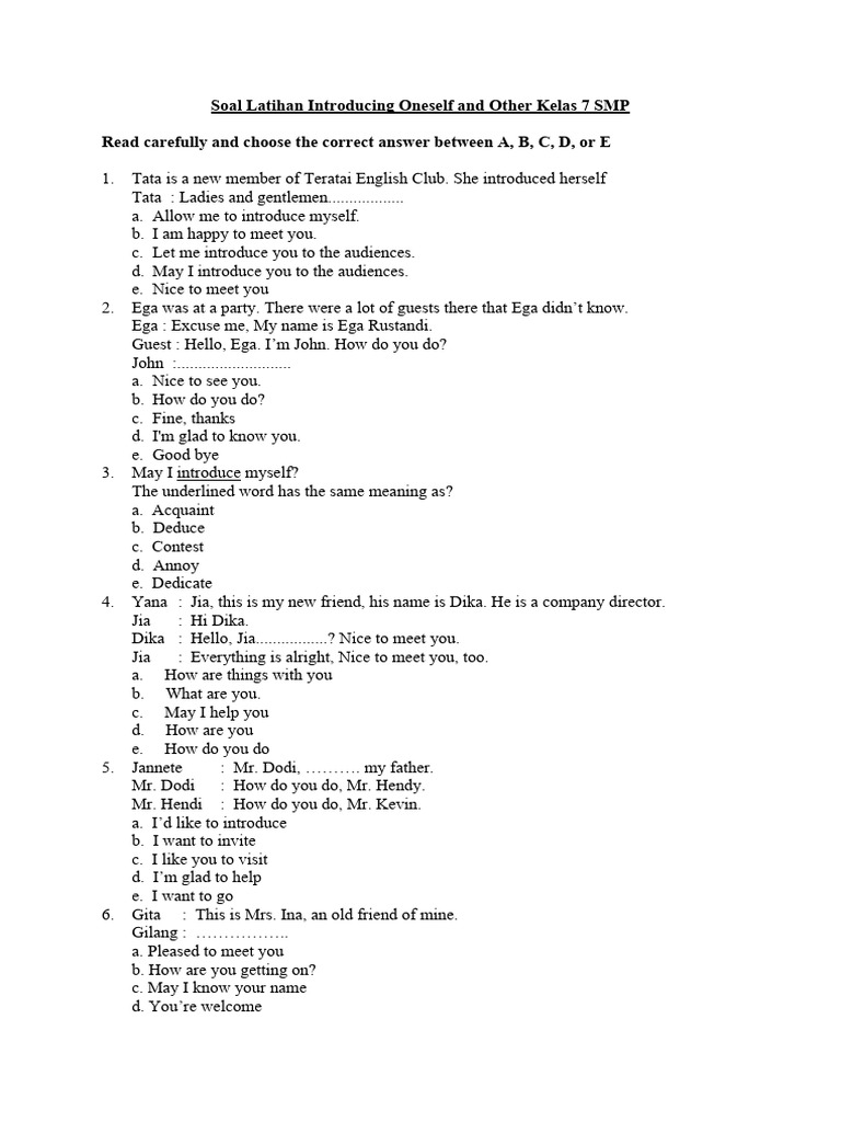 Soal Introducing Oneself and Other Kelas 7 | PDF Soal Introducing Oneself and Other Kelas 7 | PDF