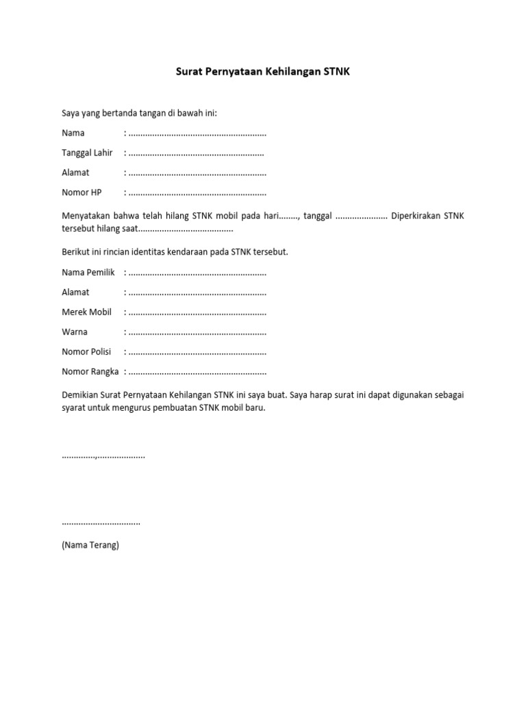 Surat Pernyataan STNK Mobil | PDF