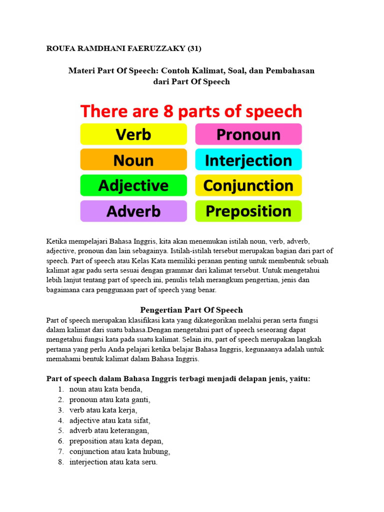 Contoh dan Penjelasan Part of Speech | PDF