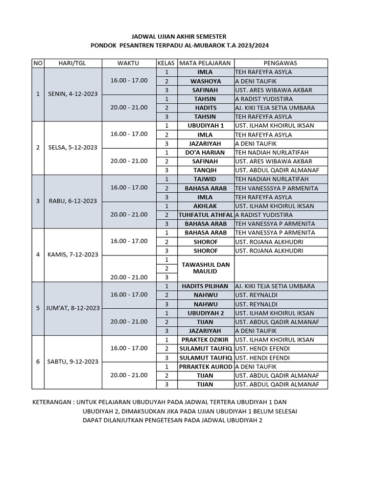 Jadwal Ujian Pondok 2023 2024 | PDF