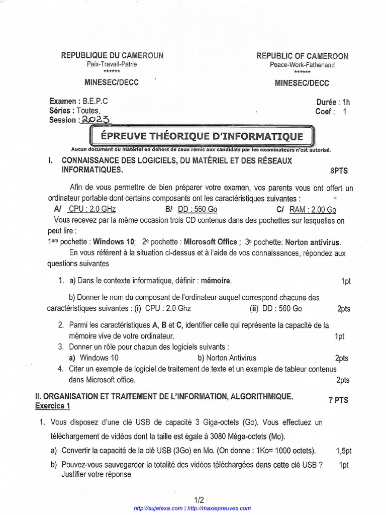 Epreuve Bepc 2023 Informatique Cameroun | PDF