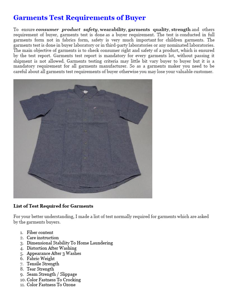 Garments Test Requirement of Buyer | PDF | Home & Garden