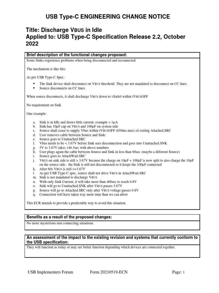 USB Type-C R2.2 ECN - Discharge Vbus in Idle | PDF | Usb | Electrical ...