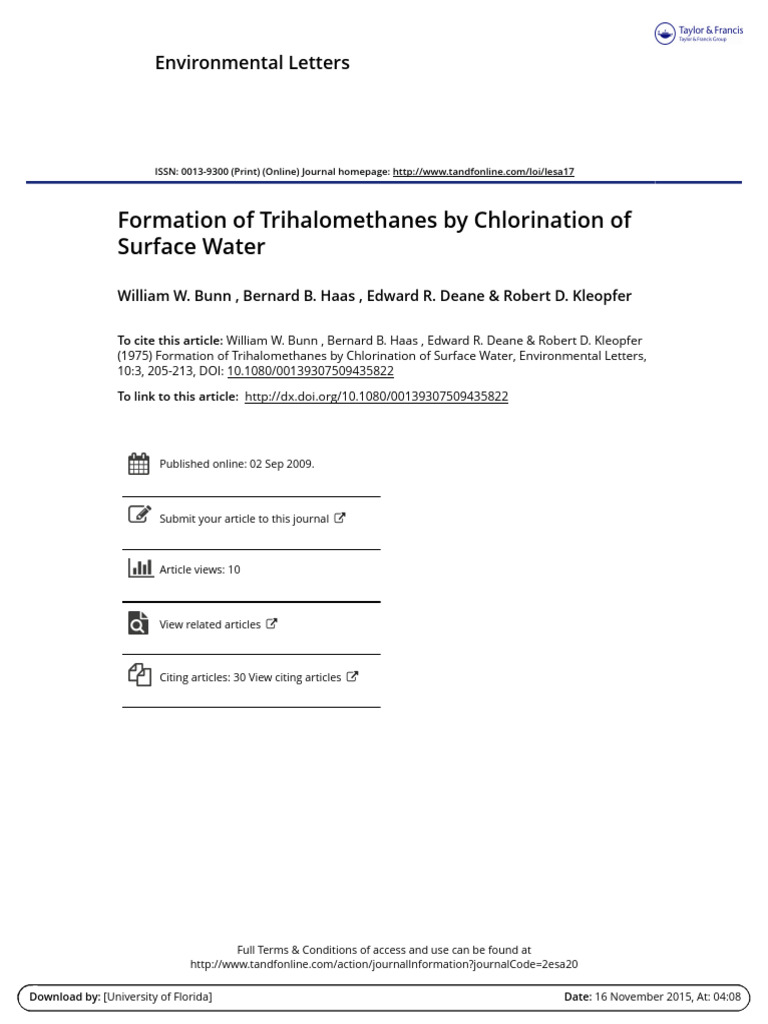 1975 - Formation of Trihalomethanes by Chlorination of Surface Water ...