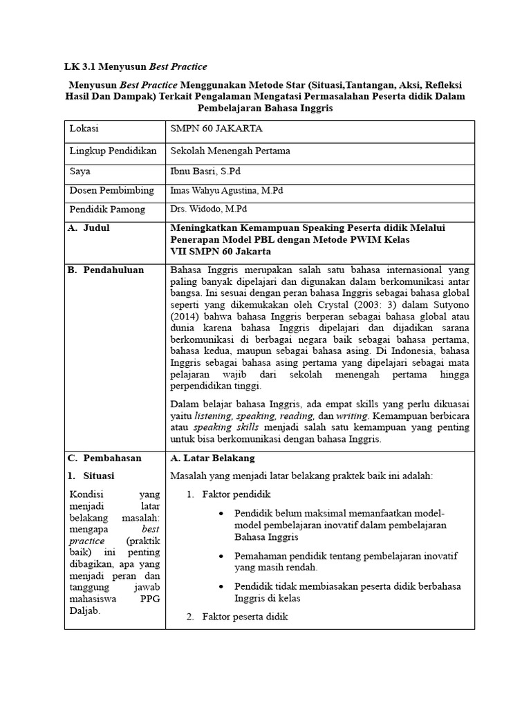 Best Practice PPG Daljab 2023 Ibnu Basri, S.PD | PDF | Kesehatan ...