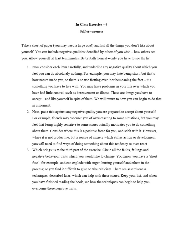 In Class Exercise 4 - Self Awareness | PDF