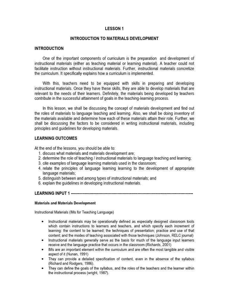 Introduction To Materials and Materials Development | PDF | Learning ...