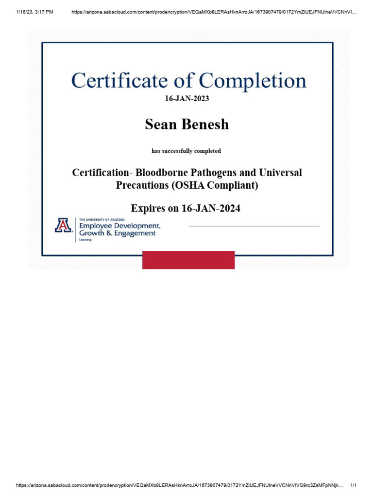 Certification Bloodborne Pathogens and Universal Precautions Osha ...