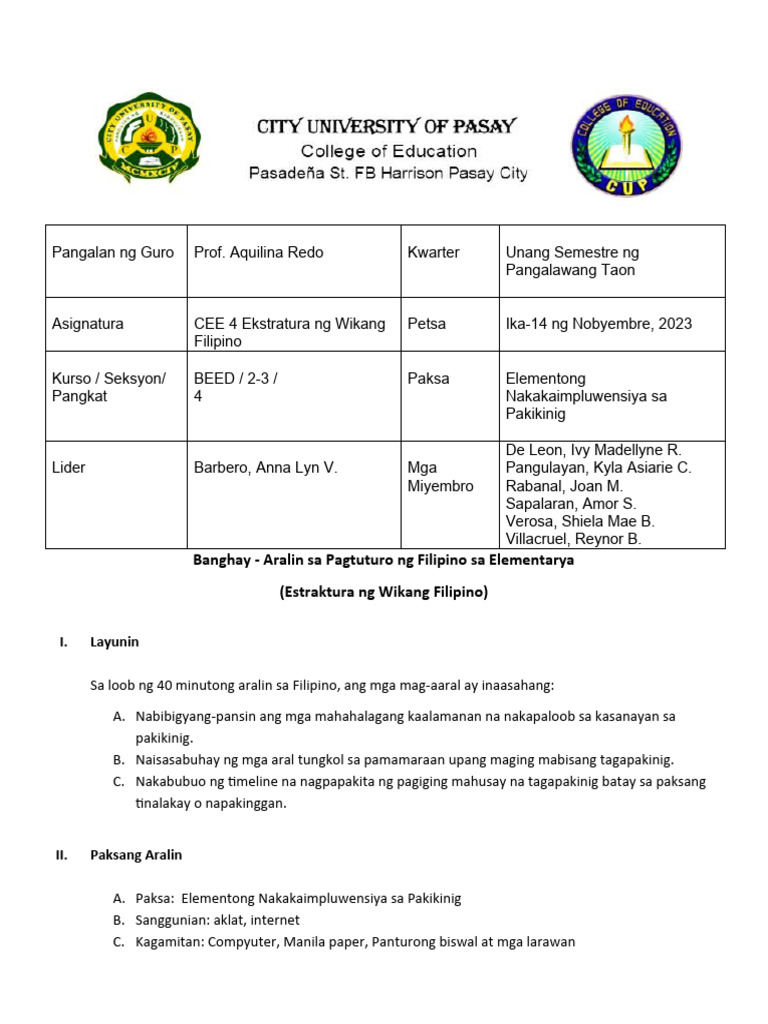 Final K Cee 4 Filipino Banghay Aralin 2 | PDF