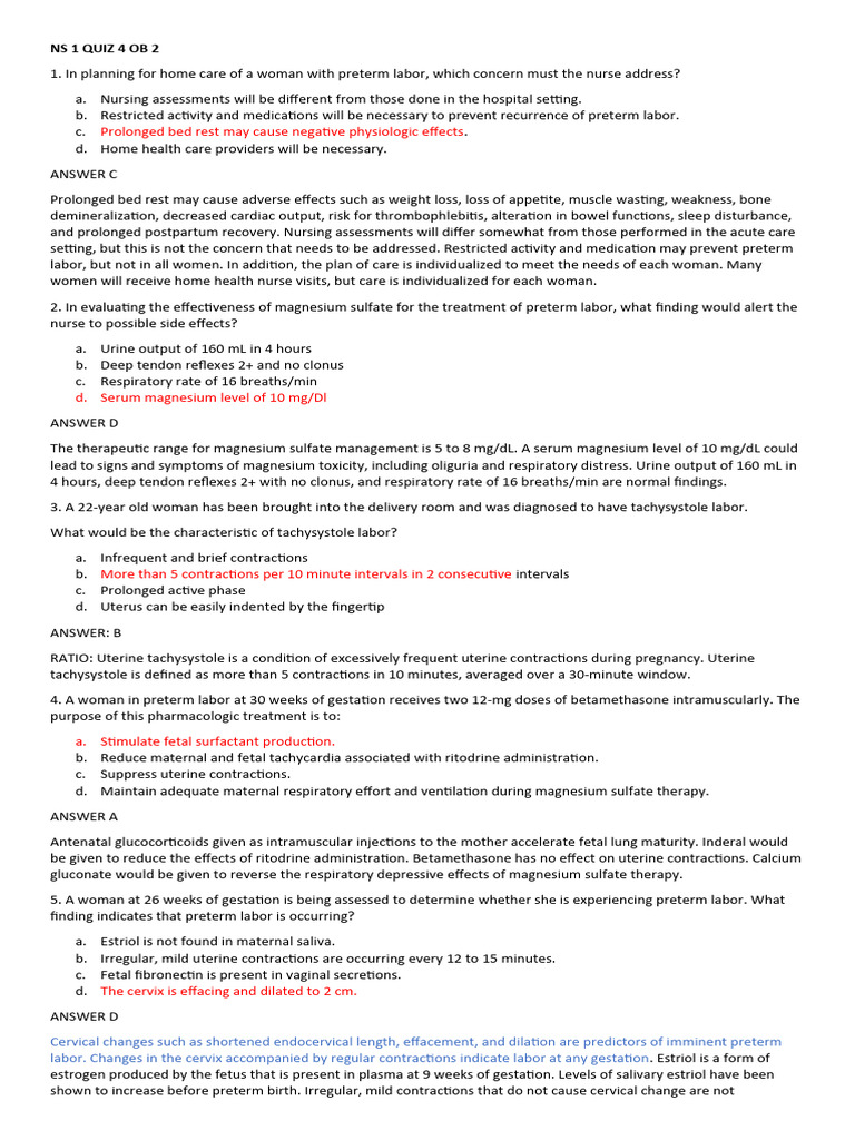 NS 1 Quiz 4 Ob2 | PDF | Childbirth | Preterm Birth