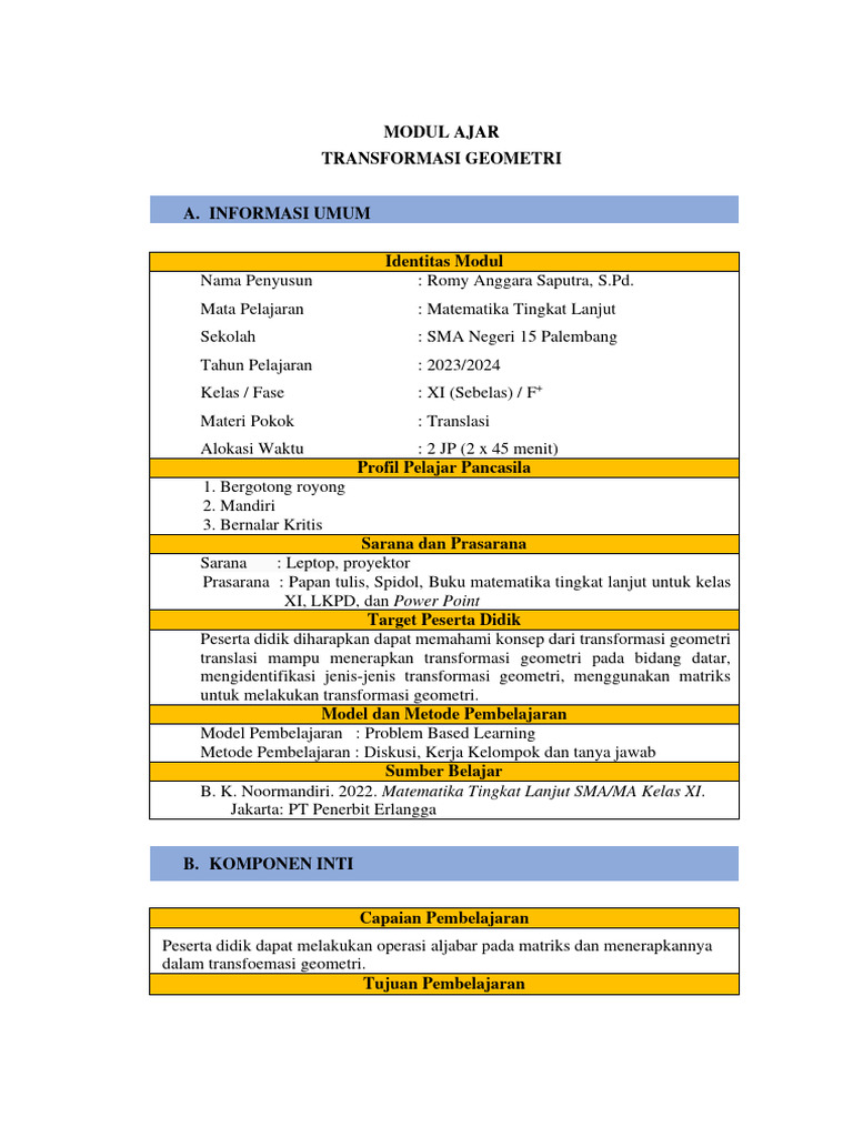 Modul Ajar Transformasi Geometri XI | PDF | Seni | Sains & Matematika