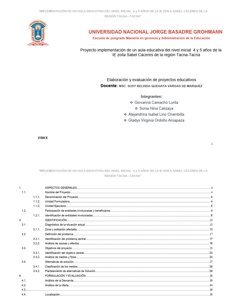 Proyecto Implementación de Un Aula Educativa Del Nivel Inicial 4 y 5 ...
