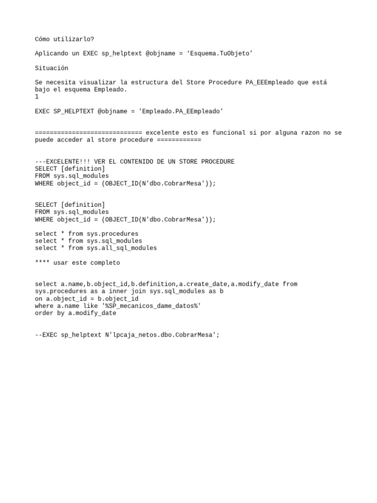 SP Helptext Ver Contenido Fuente STOREPROCEDURE | PDF