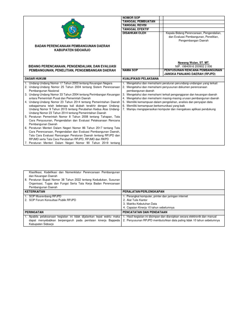 SOP Penyusunan RPJPD | PDF