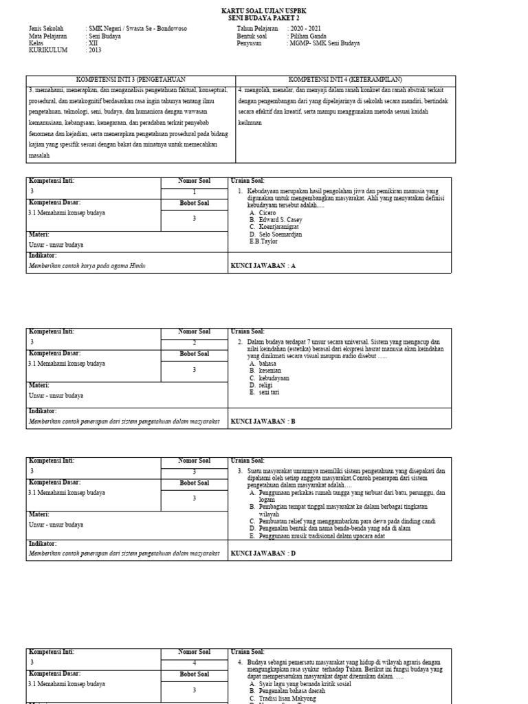 Kartu Soal Uspbk Paket 2 2021-2022 | PDF