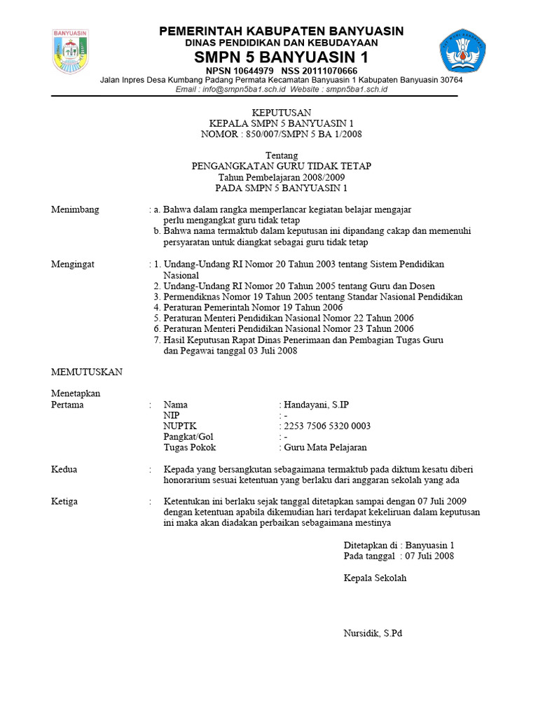 SK Pengangkatan Sebagai Guru | PDF