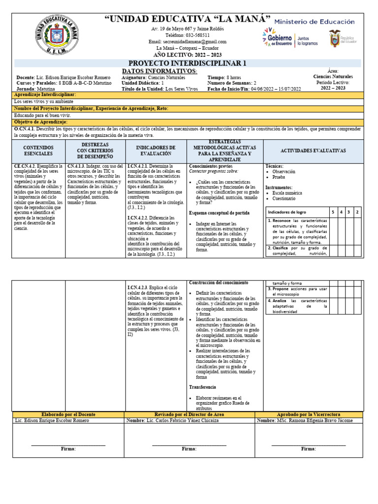 Proyecto Interdisciplinar 01 - CCNN - 8 EGB | PDF | Biología Celular) | Tejido (biología)