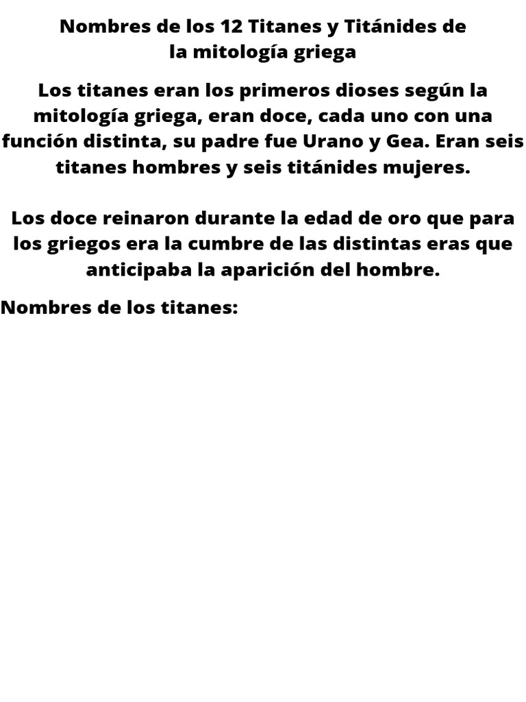 Nombres de Los 12 Titanes y Titánides de La Mitología Griega | PDF ...