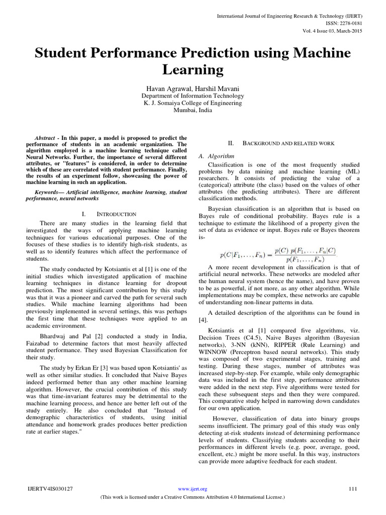 2015-Student Performance Prediction Using Machine Learning | PDF | Machine Learning ...