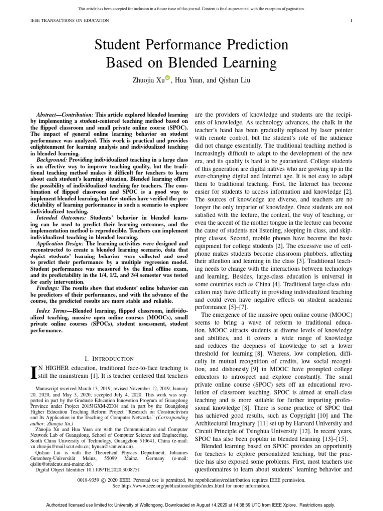 2020-Student Performance Prediction Based On Blended Learning | Download Free PDF ...