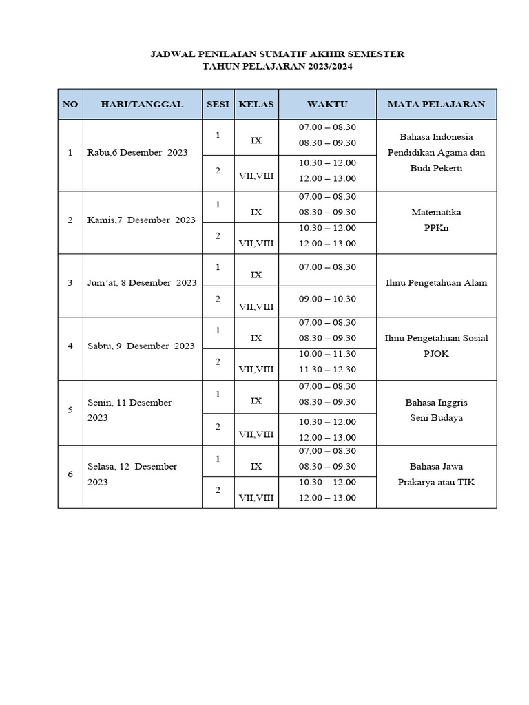 Jadwal Penilaian Sumatif Akhir Semester | PDF | Ilmu Sosial