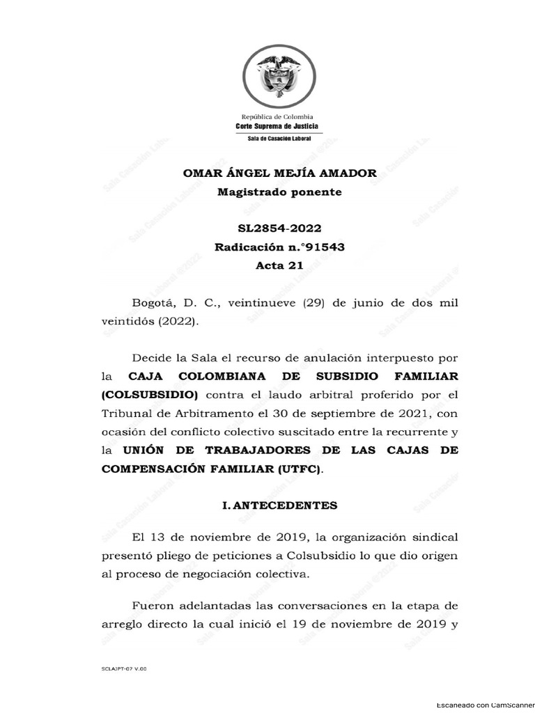 Sl2854-2022 Fallo Colsubsidio Vs Utcf 2022 | PDF