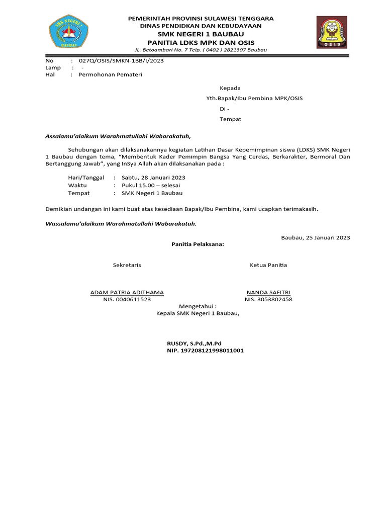 Undangan Mubes OSIS 2023 (7) PEMATERI | PDF