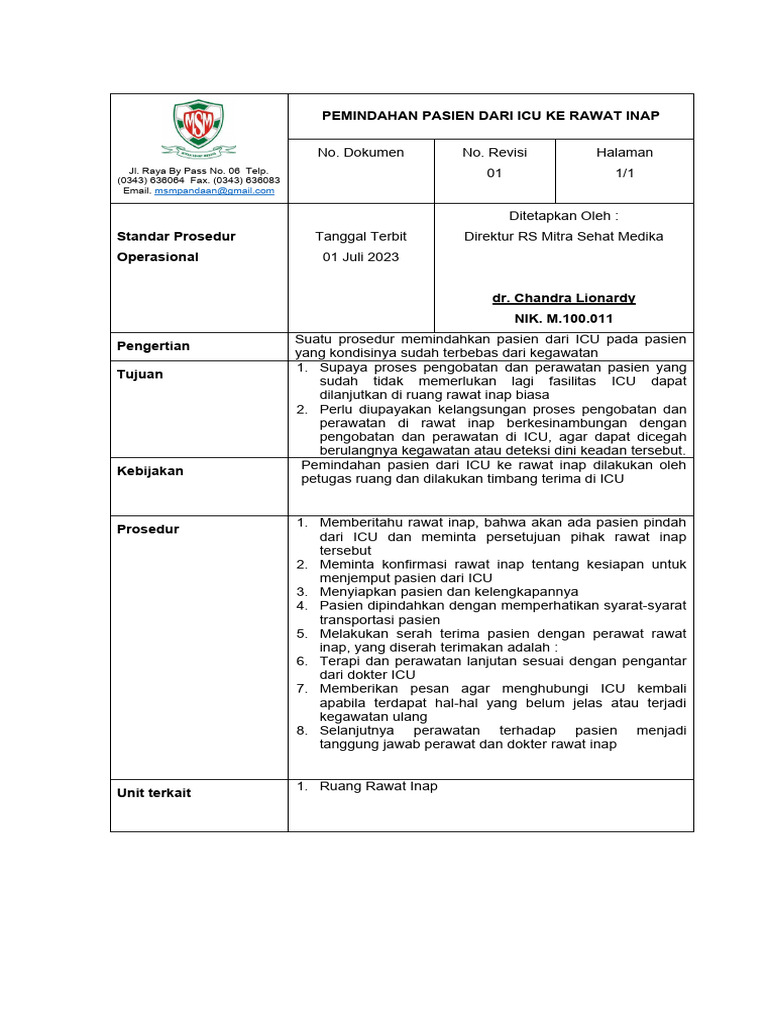 Spo Pemindahan Pasien Dari Icu Ke Rawat Inap | PDF