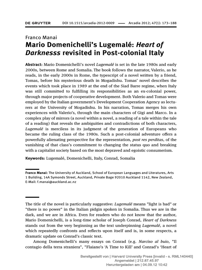 Mario Domenichelli's Lugemalé: Heart of Darknesss Revisited in Post ...