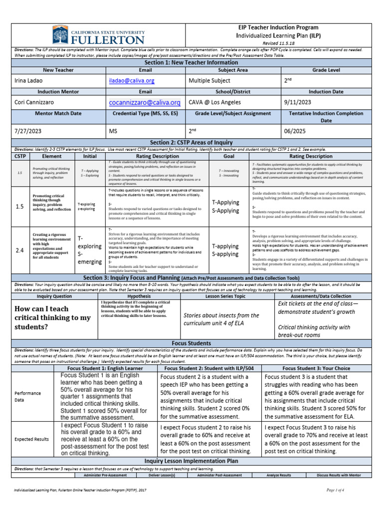 M3a2 Ilp Form Wilson 12 | PDF | Educational Assessment | Critical Thinking