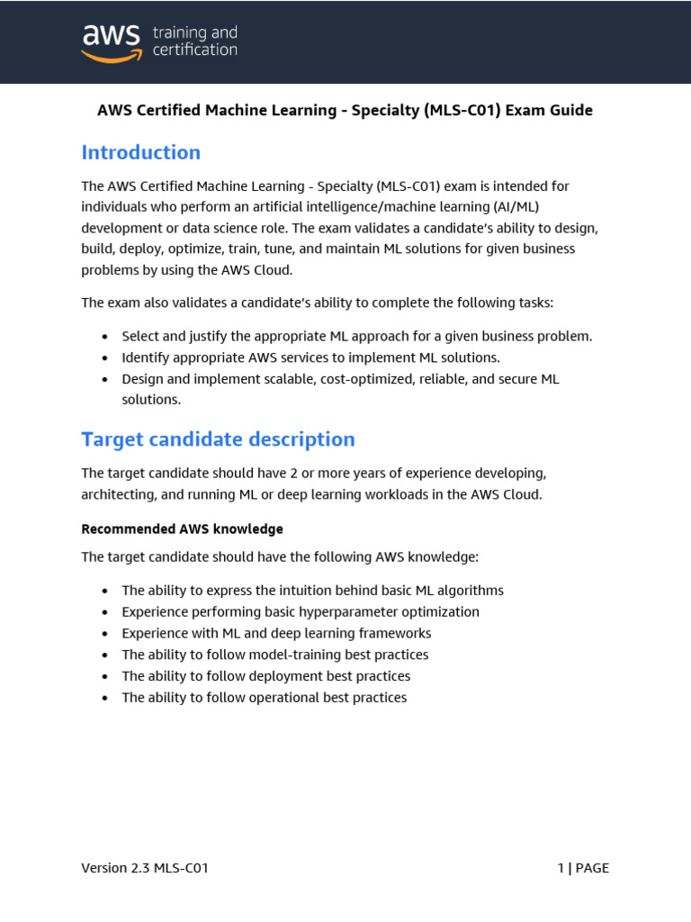 AWS Certified Machine Learning Specialty Exam Guide | PDF | Machine Learning | Amazon Web Services