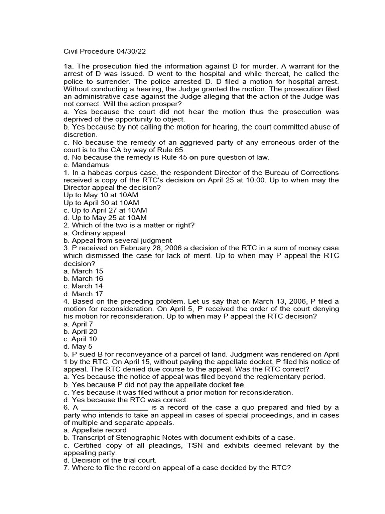 Civil Procedure Quizzes | PDF | Judgment (Law) | Appeal