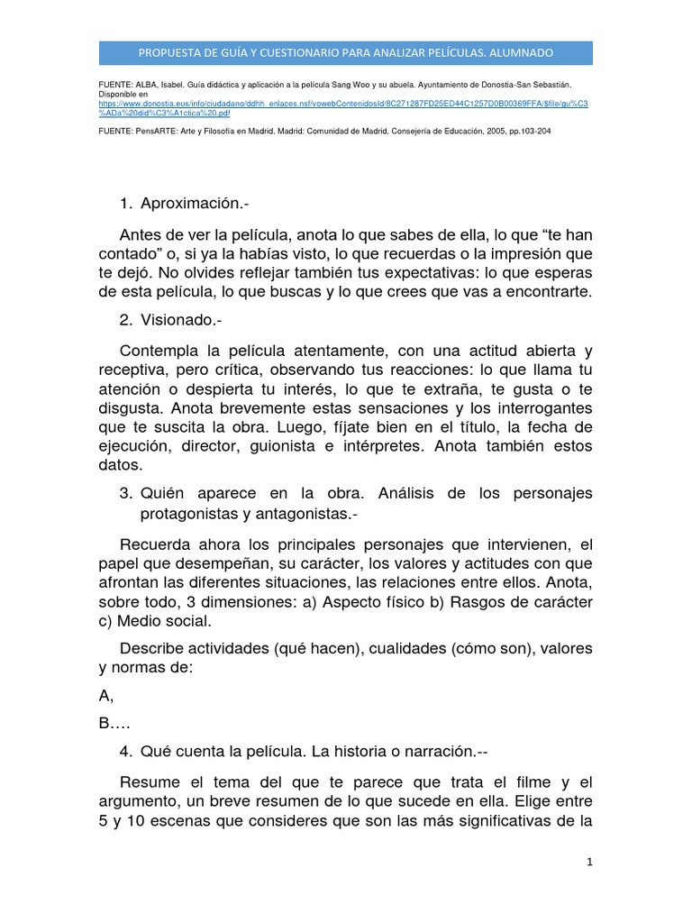 Propuesta de Guía y Cuestionario para Analizar Películas. Alumnado | PDF