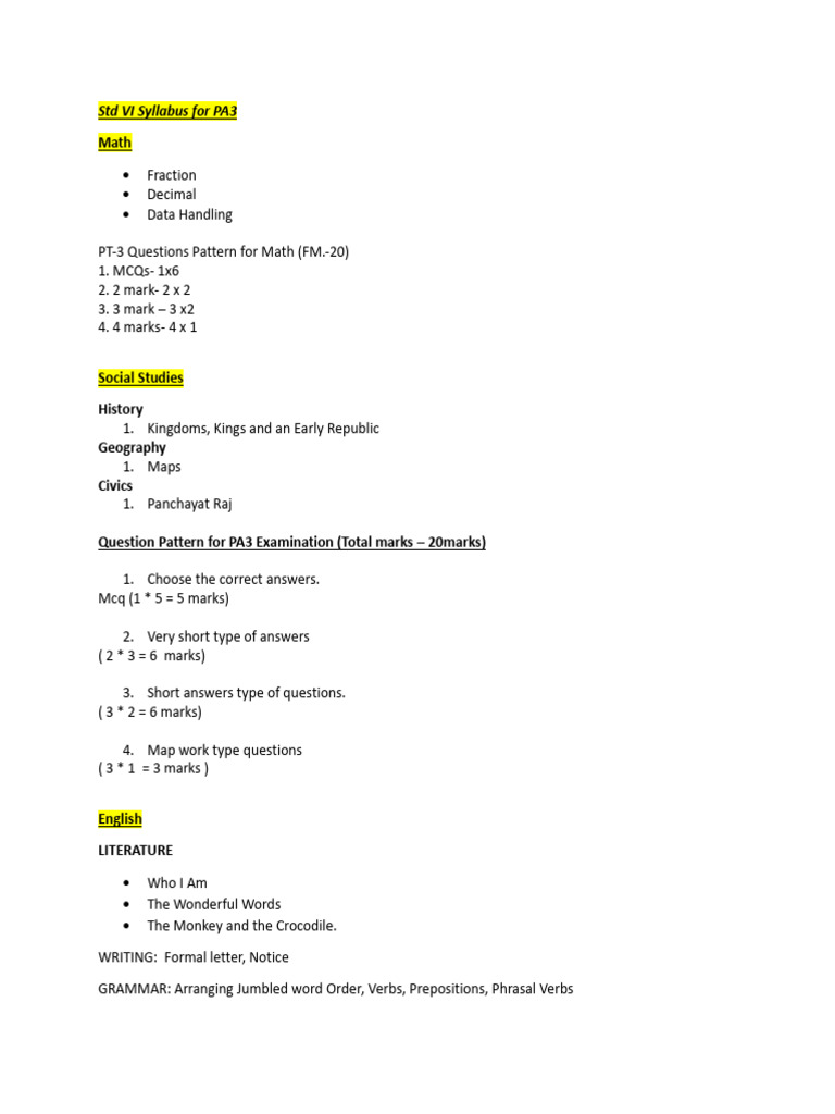 Revised PA3 Syllabus Std6 | PDF