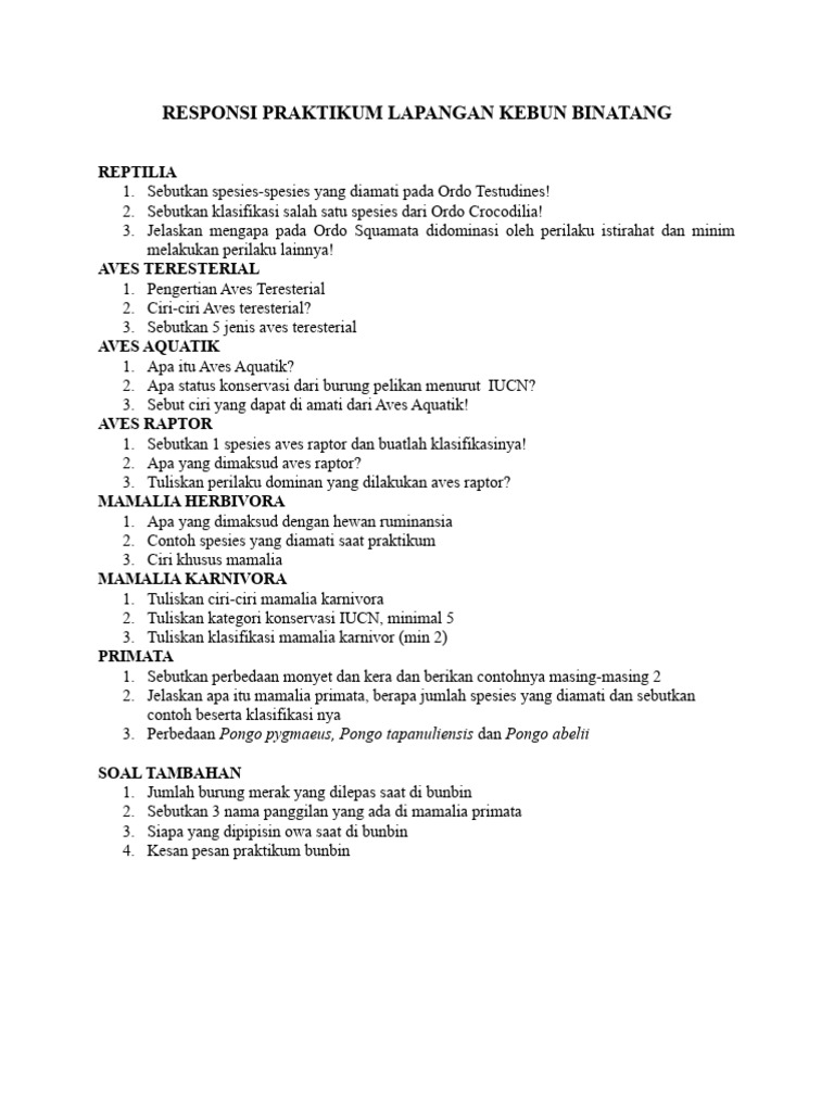 Responsi Praktikum Lapangan Kebun Binatang | PDF