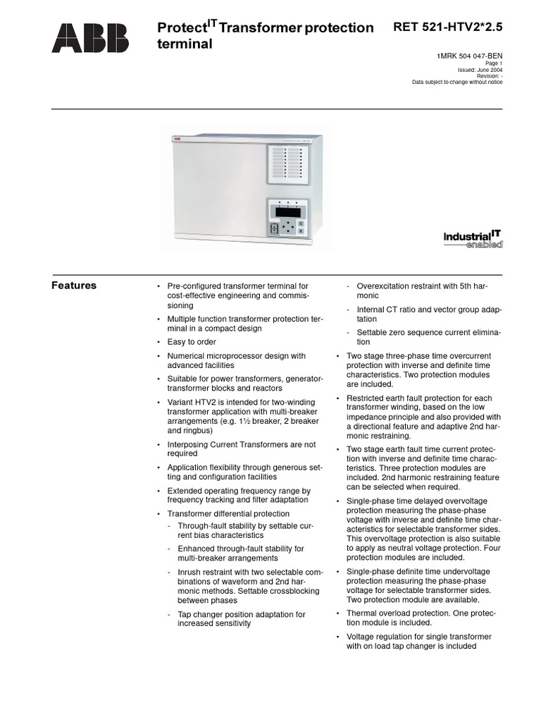 Transformer Protection Terminal RET 521-HTV2 | PDF | Transformer ...