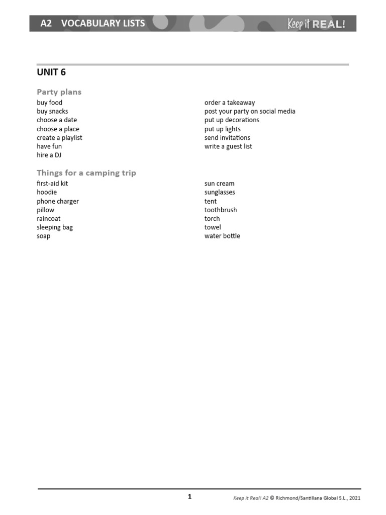 A2 Vocabulary List Unit 6 | PDF