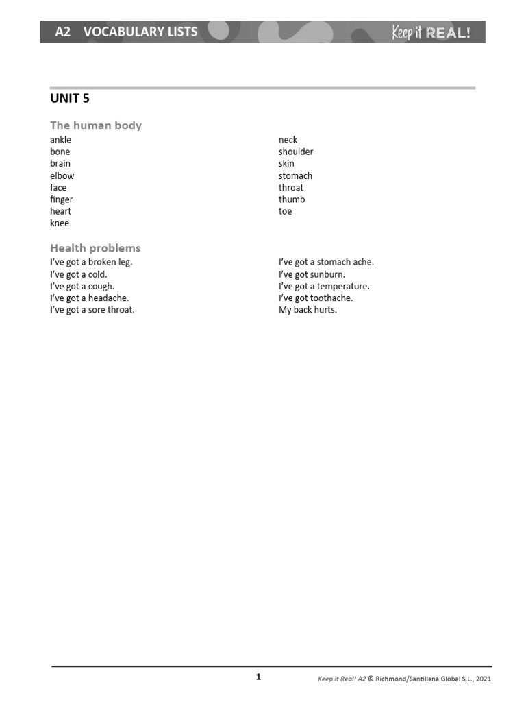A2 VOCABULARY LIST Unit 5 | PDF | Wellness