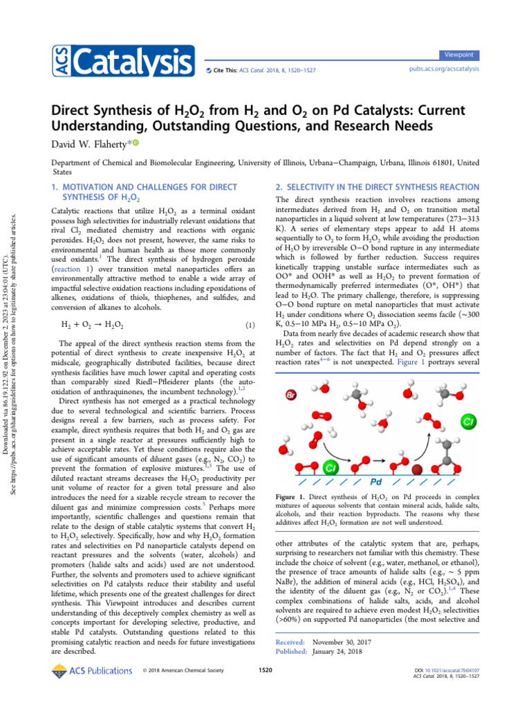 Flaherty 2018 Direct Synthesis of H2o2 From h2 and O2 On PD Catalysts ...