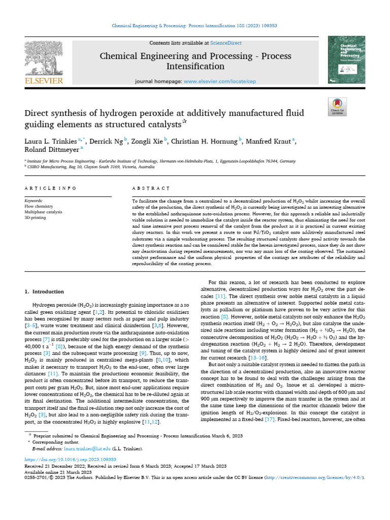 Direct Synthesis of Hydrogen Peroxide... | PDF | Hydrogen Peroxide ...