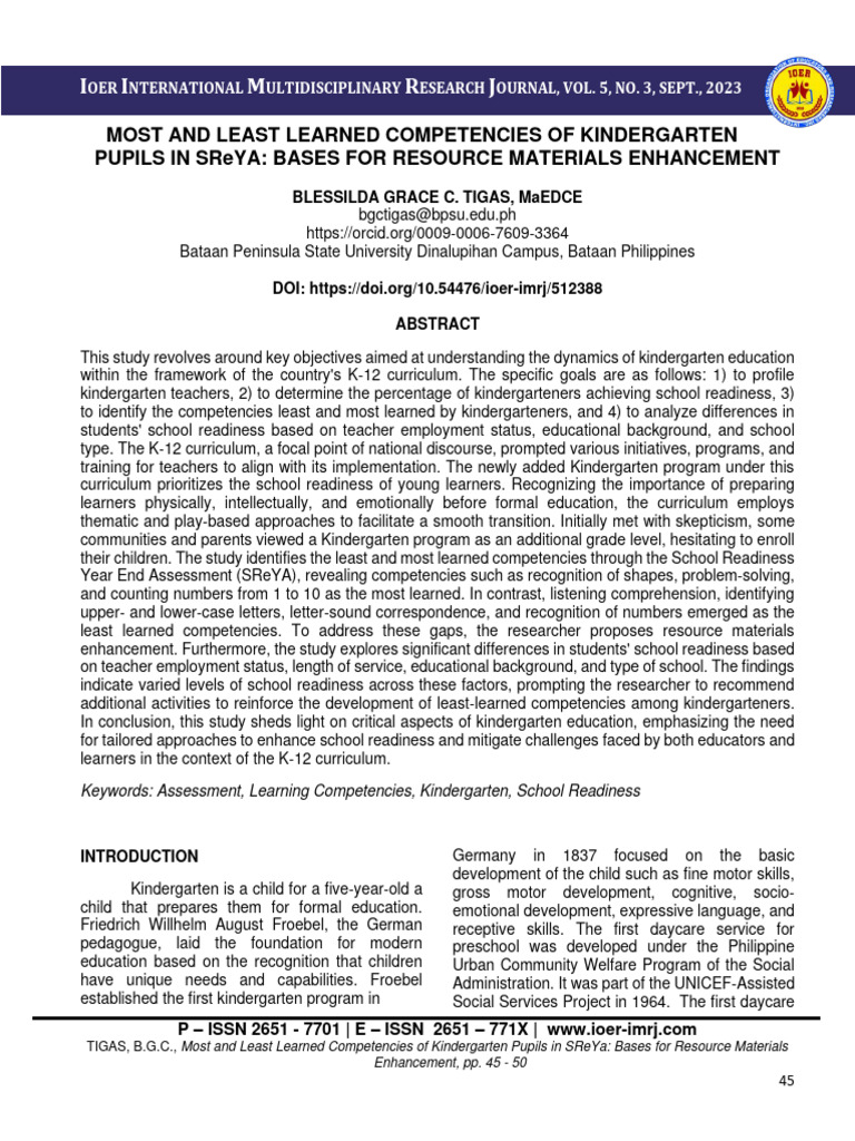 Most and Least Learned Competencies of Kindergarten Pupils in SReYa ...