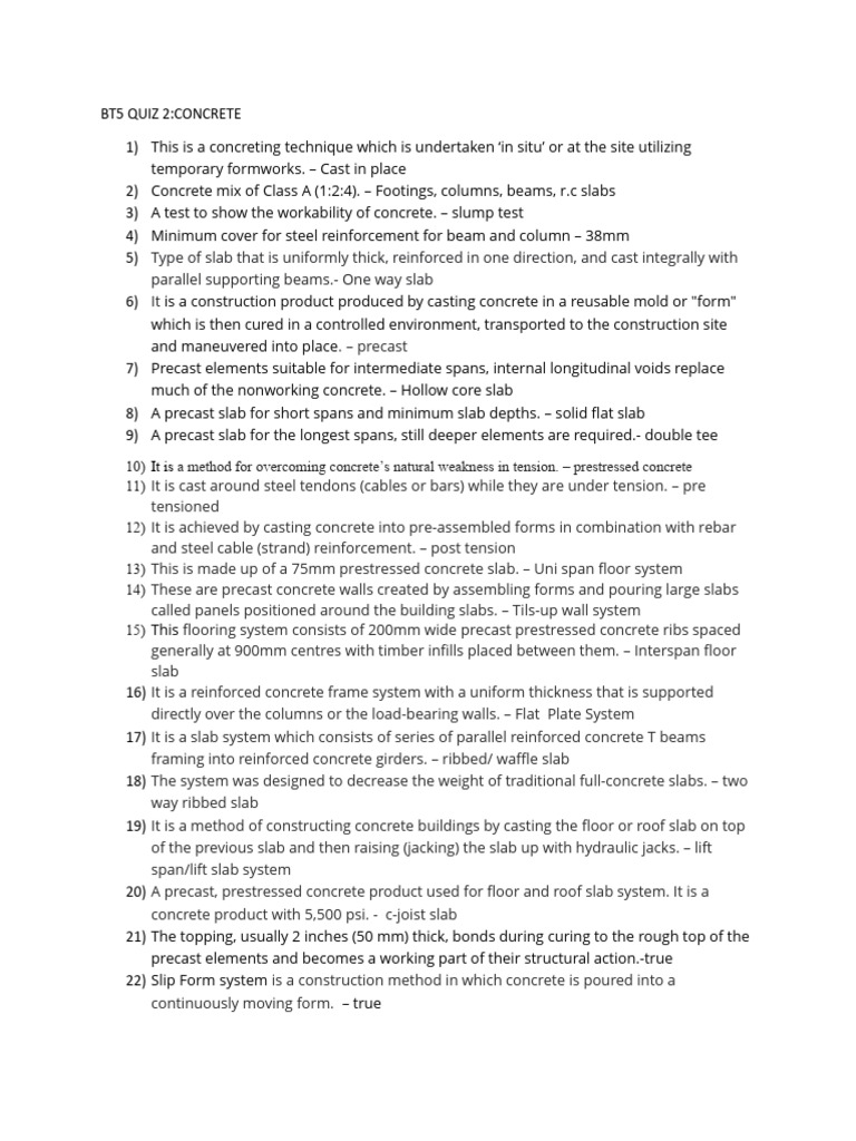 BT5 Quiz 2 | PDF | Precast Concrete | Concrete